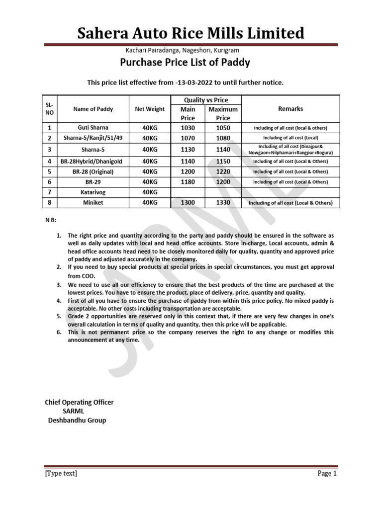 Paddy Price List-13.03.2022 | PDF | Prices | Business