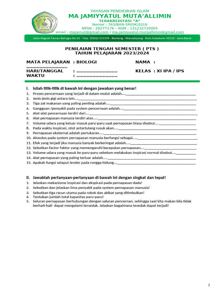 Soal PTS Biologi XI Genap | PDF | Pengembangan Diri | Gaya Hidup