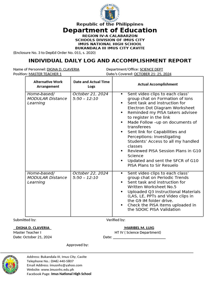Daily Log Report: Master Teacher I | PDF | Computing