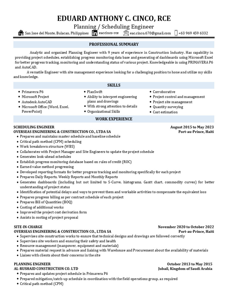 Eduard Anthony C. Cinco, Rce: Planning / Scheduling Engineer | PDF ...