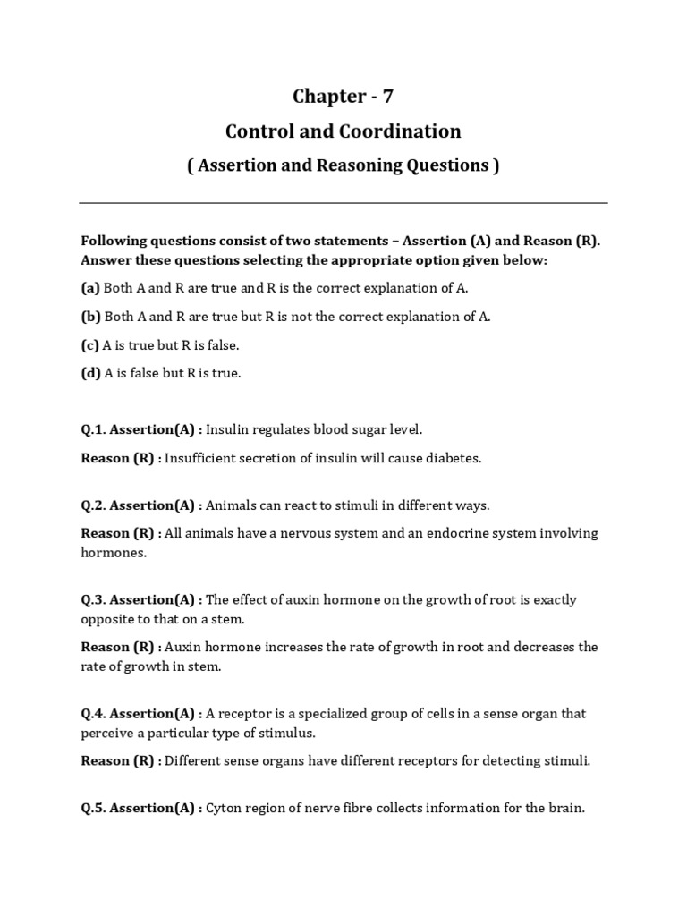 Chapter - 7 Control and Coordination: (Assertion and Reasoning ...
