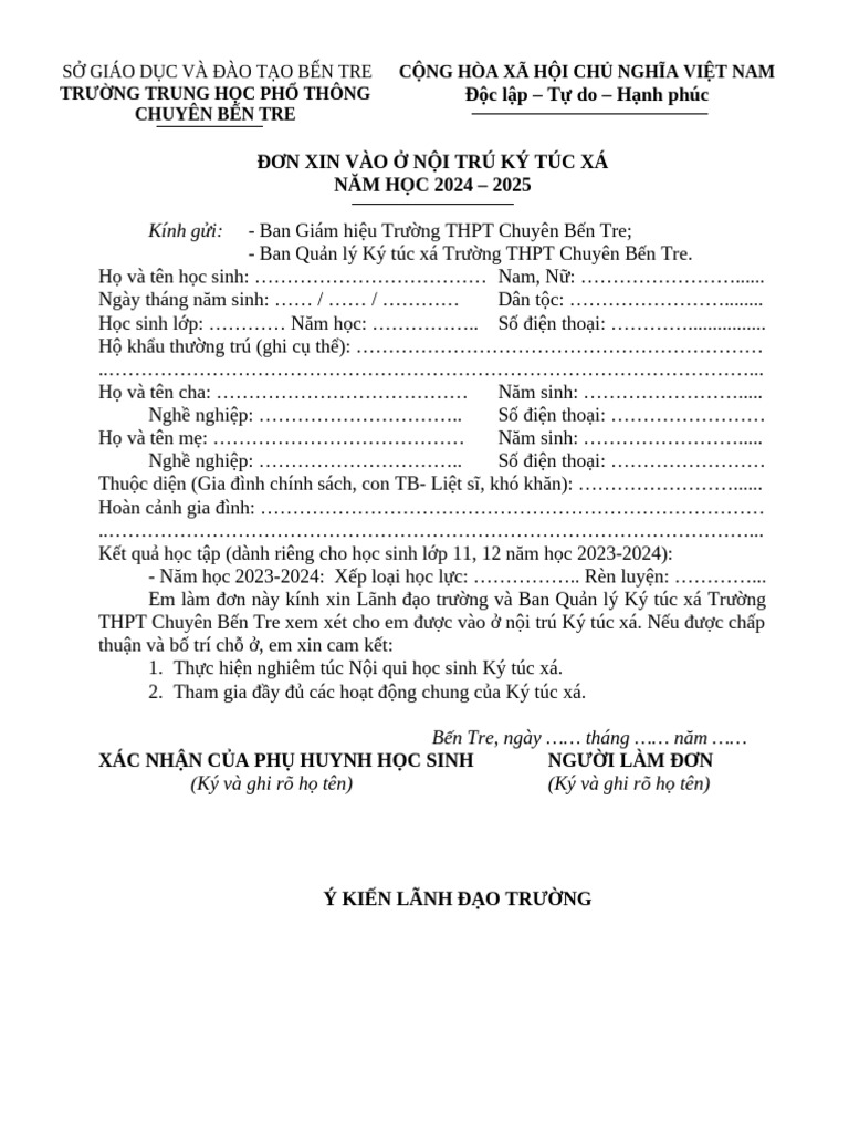 Đơn Xin Vào N I Trú KTX v2 | PDF