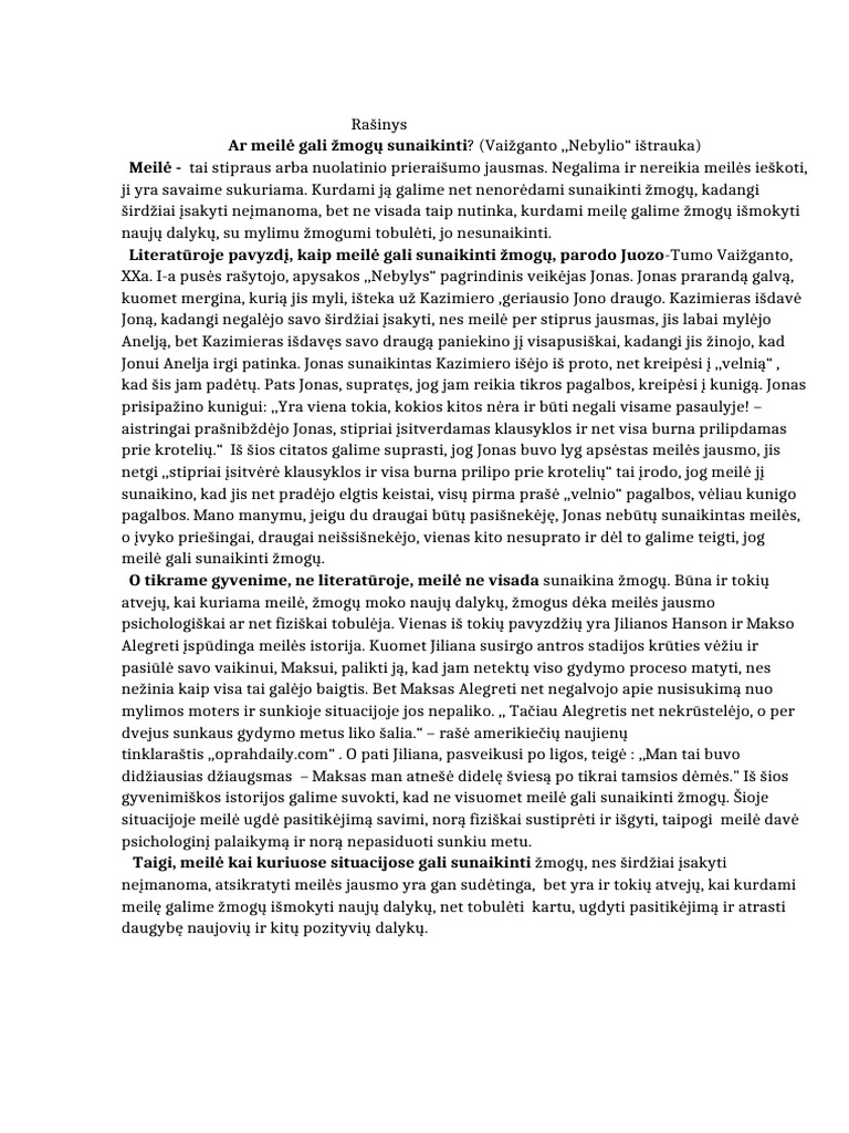 Ar Meilė Gali Žmogų Sunaikinti? Rašinys 11kl. | PDF