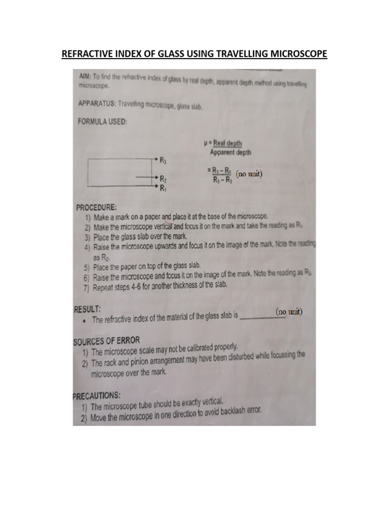 Refractive Index of Glass Using Travelling Microscope | PDF