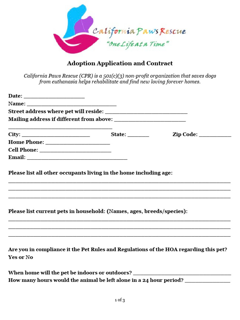 California Paws Rescue Adoption Application and Contract | PDF | Pet