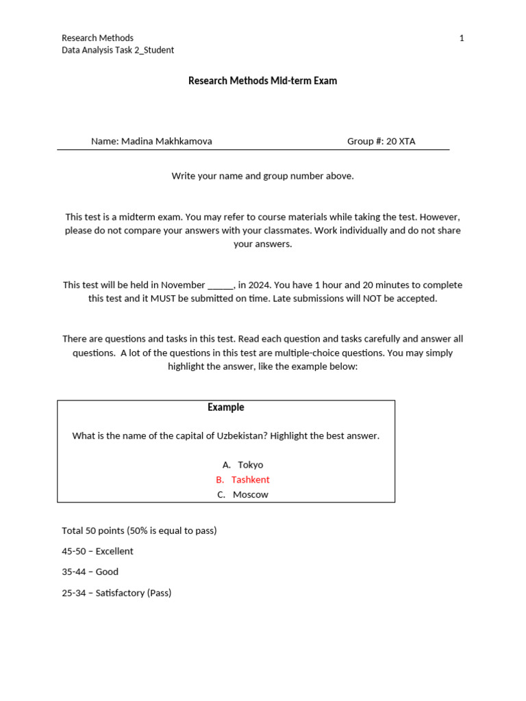 Data Analysis Task 2 Madina Makhkamova | PDF | Analysis Of Variance | Validity (Statistics)