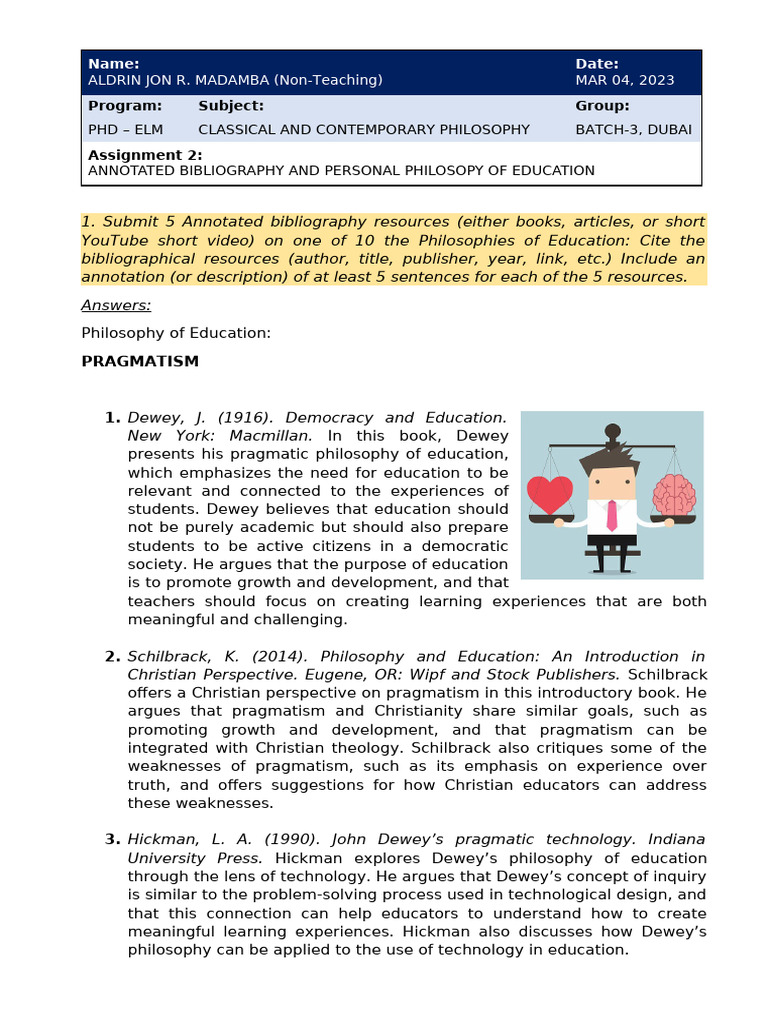Assignment 2 Annotated Bibliography and Personal Philosopy of Education ...