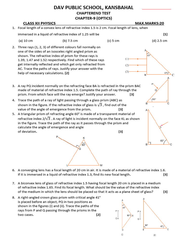 Chapterend Test QP (Optics) | PDF | Refractive Index | Refraction