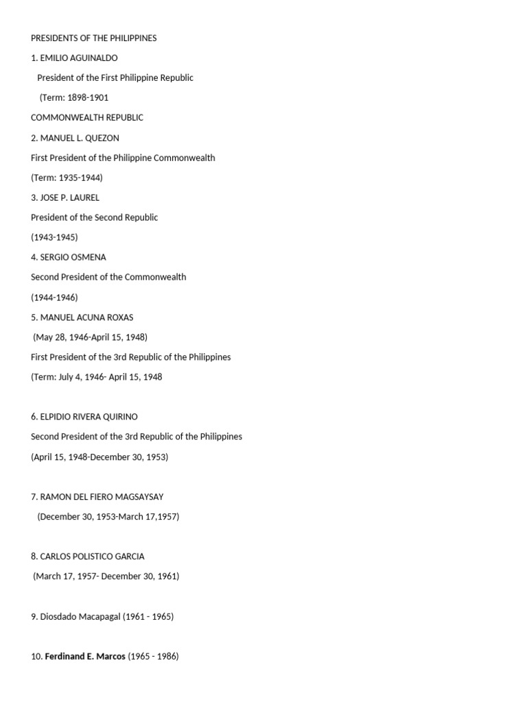 List of Philippine Presidents and Terms | PDF | Travel