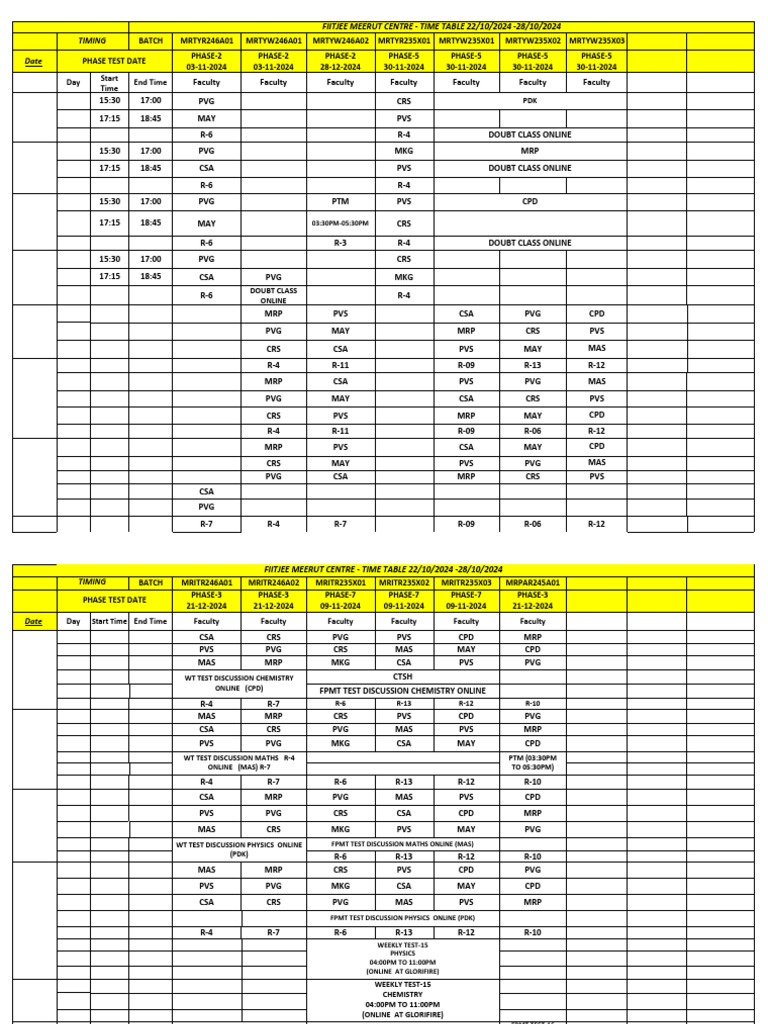 TIME TABLE 22-10-2024 To 28-10-2024 | PDF | Physical Sciences | Natural Sciences