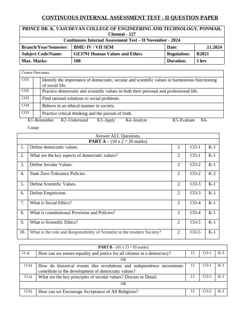 GE3791 Human Values & Ethics Test II | PDF | Science | Democracy
