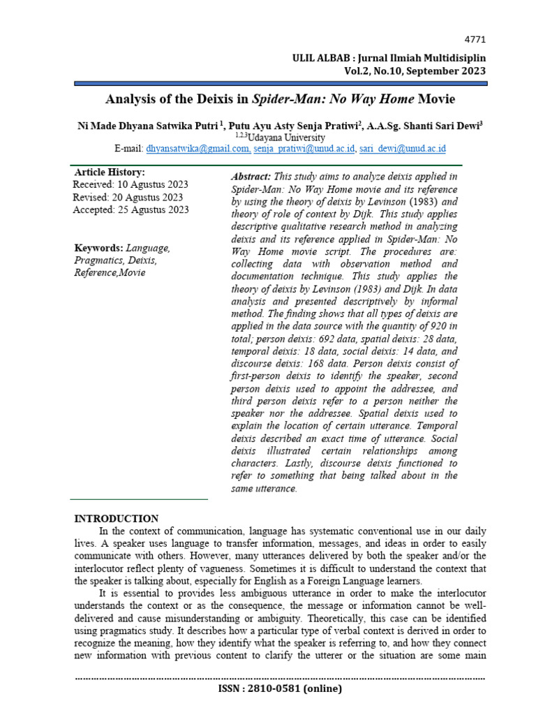 Deixis Analysis Spider Man | PDF | Language Mechanics | Semiotics