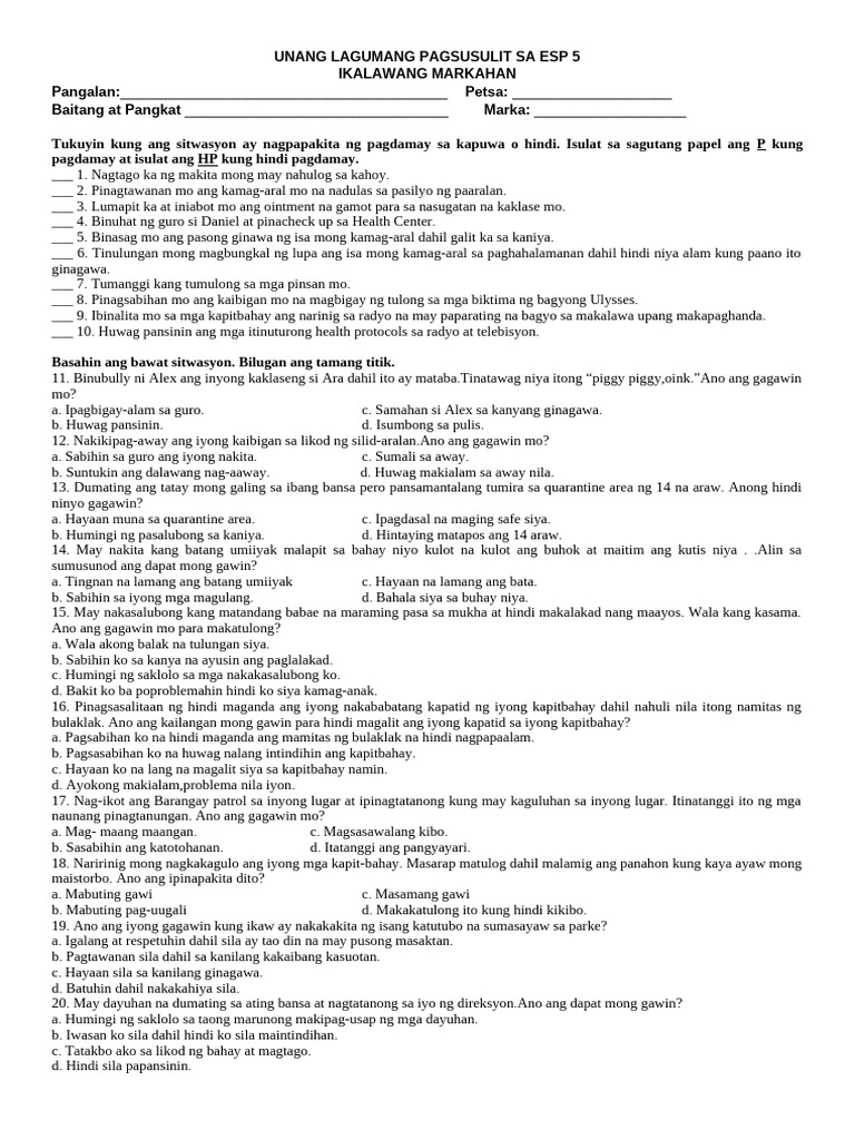 Unang Lagumang Pagsusulit Sa Esp 5 | PDF
