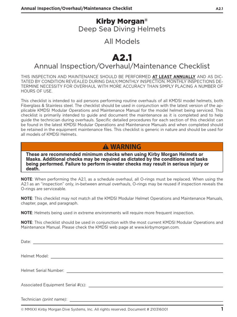 A2 1 Helmet Annual Inspection Overhaul Maintenance Checklist 210316001 | PDF | Technology ...