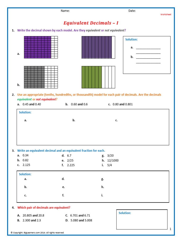 Equivalent Decimals I | PDF