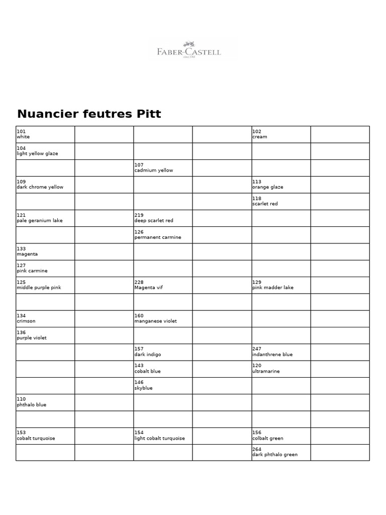 Pitt Marker Color Chart | PDF | Chromium | Color