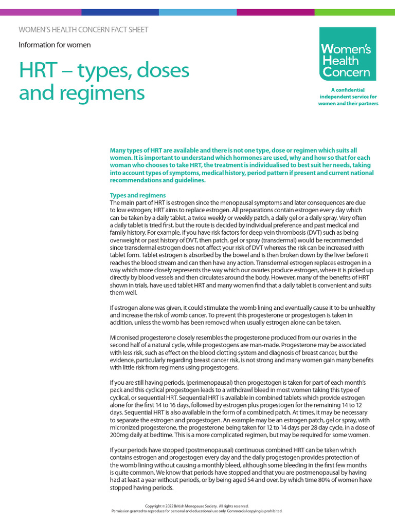 27 WHC FACTSHEET HRT Doses NOV2022 A 1 | PDF | Hormone Replacement Therapy | Menopause