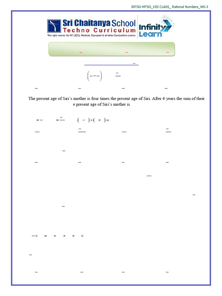 Intso-Mtso Viii Class Rational Numbers-Ws-3 QP | PDF | Division ...