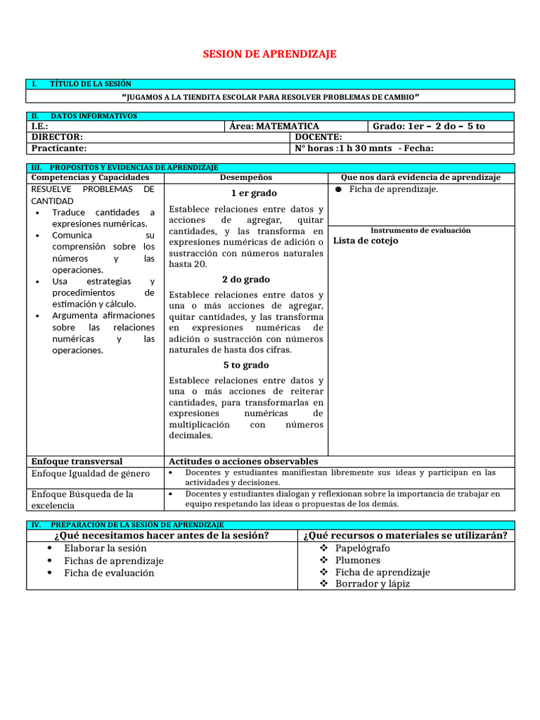 SESION DE APRENDIZAJE Multigrado MATEMATICA | PDF | Aprendizaje | Cognición