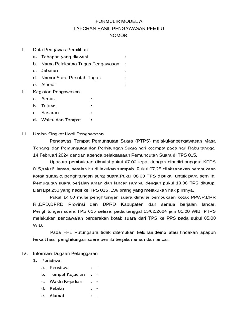 Contoh FORMULIR MODEL A TPS 015 DESA PURWOKERTO 14 02 2024 | PDF