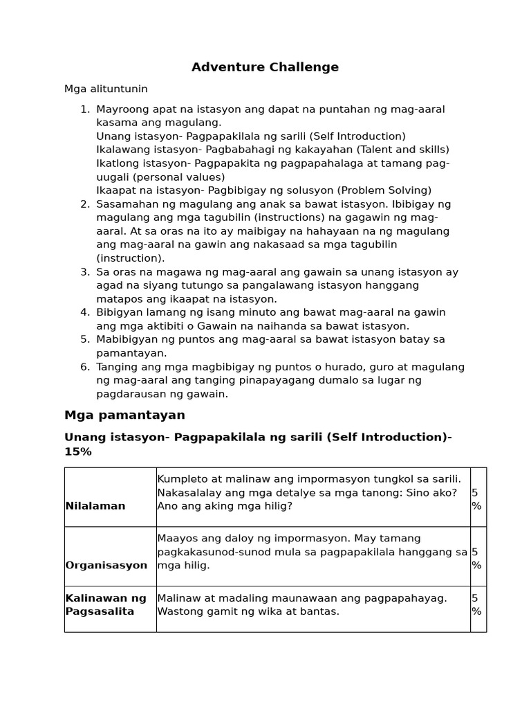 Adventure Challenge Rubric and Guidelines | PDF