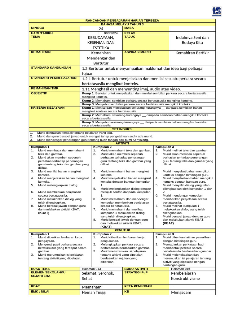 RPH Terbeza Minggu 24 Bahasa Melayu Tahun 3 by Ckgu Gorgeous | PDF