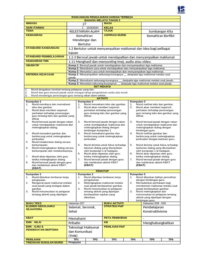 RPH Terbeza Minggu 27 Bahasa Melayu Tahun 3 by Ckgu Gorgeous | PDF ...