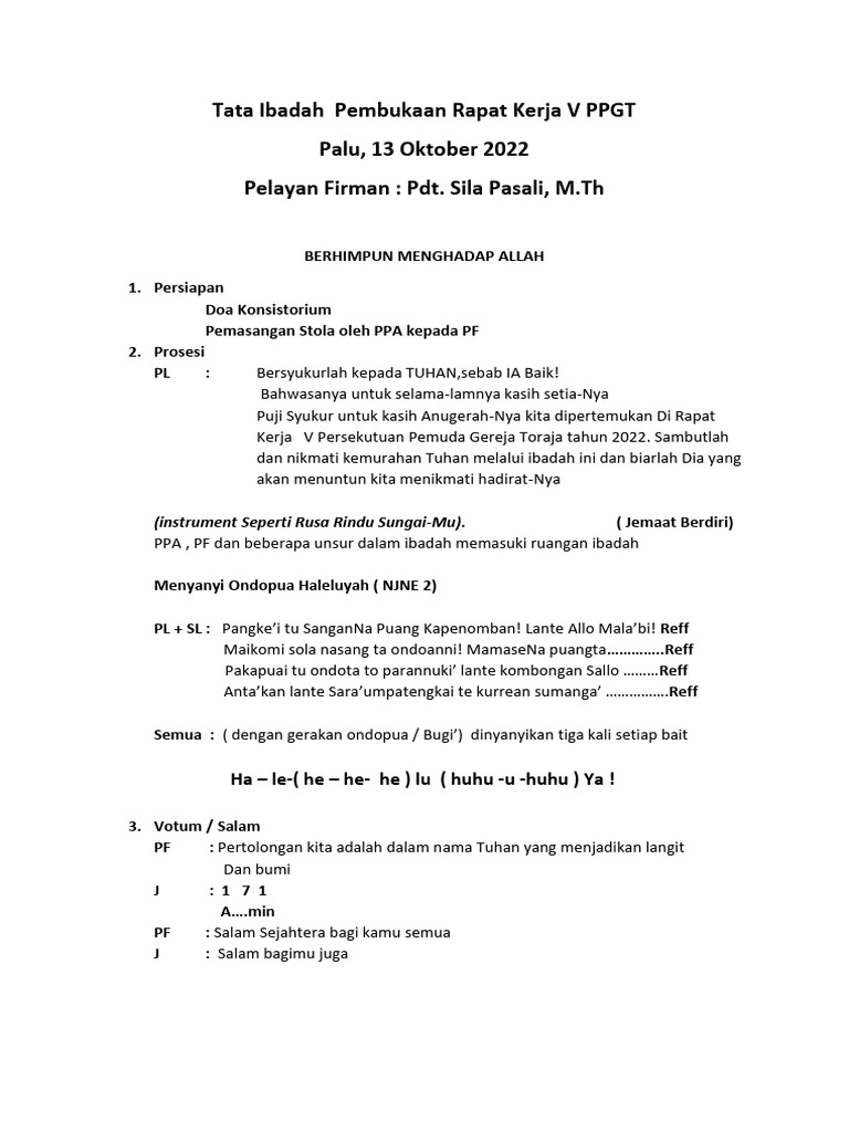 Tata Ibadah Pembukaan Rapat Kerja V PPGT | PDF | Agama & Spiritualitas