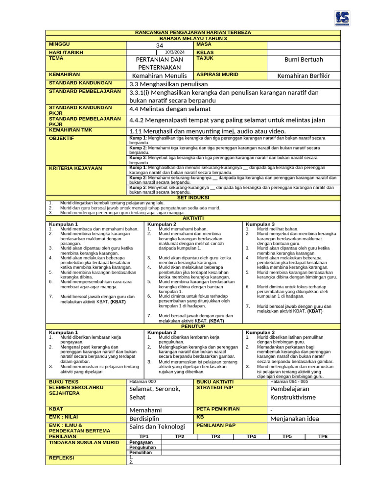 RPH Terbeza Minggu 34 Bahasa Melayu Tahun 3 by Ckgu Gorgeous | PDF