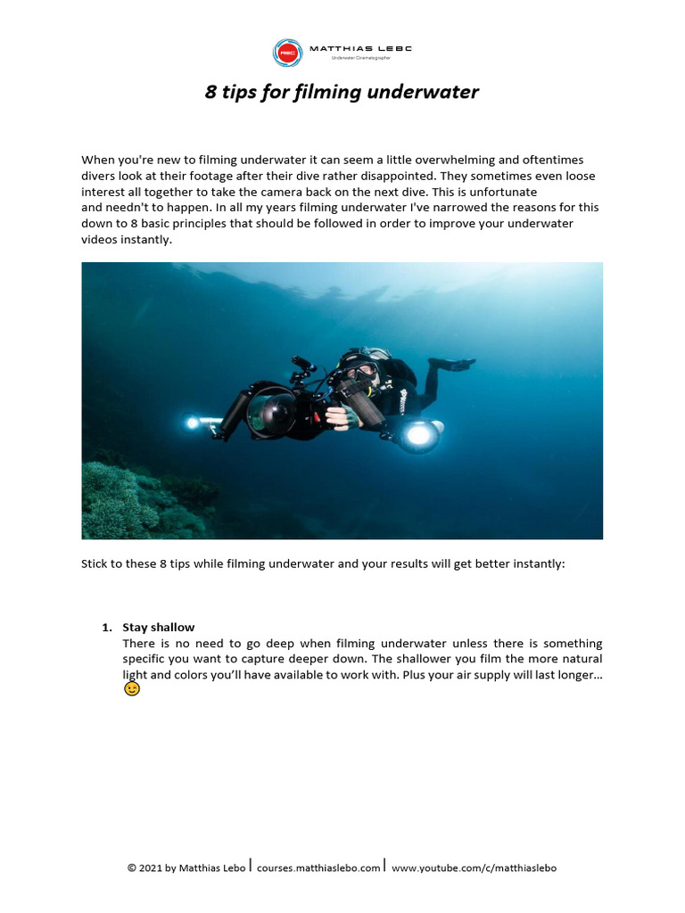 8 Tips For Filming Underwater | PDF | Color Balance | Camera