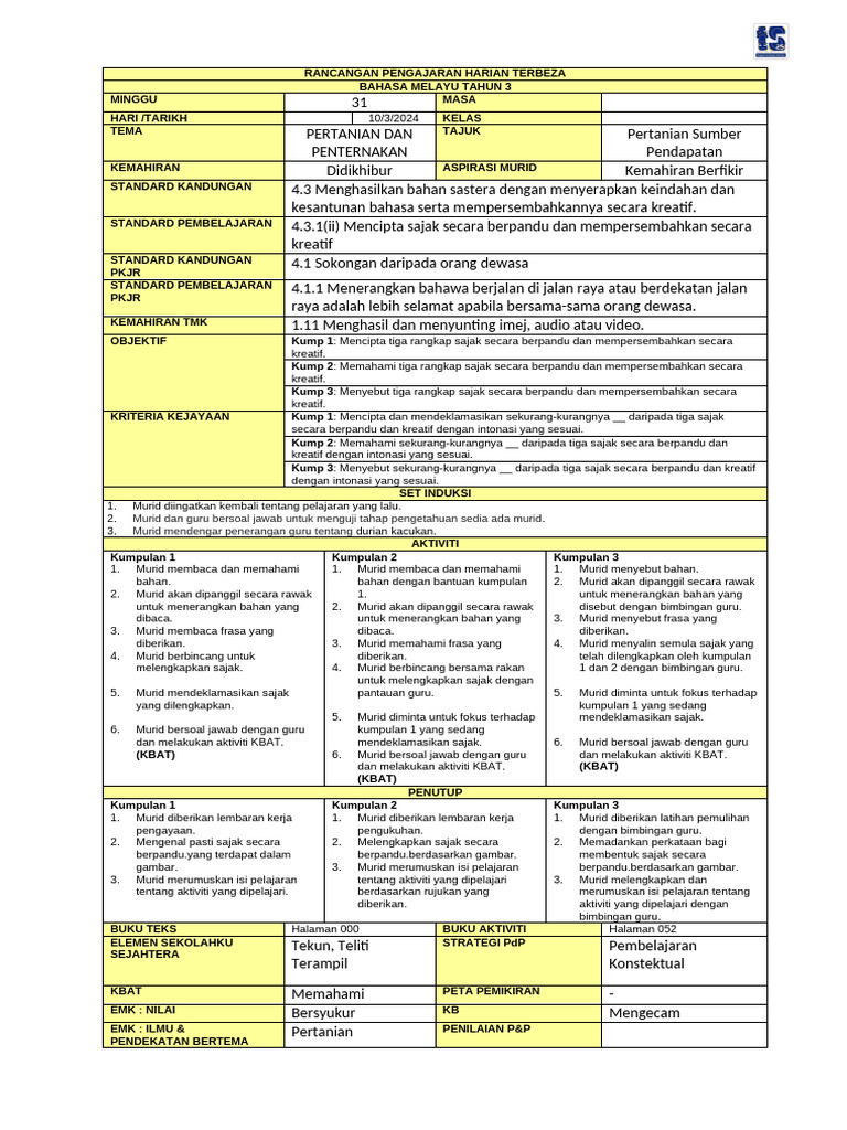 RPH Terbeza Minggu 31 Bahasa Melayu Tahun 3 by Ckgu Gorgeous | PDF ...