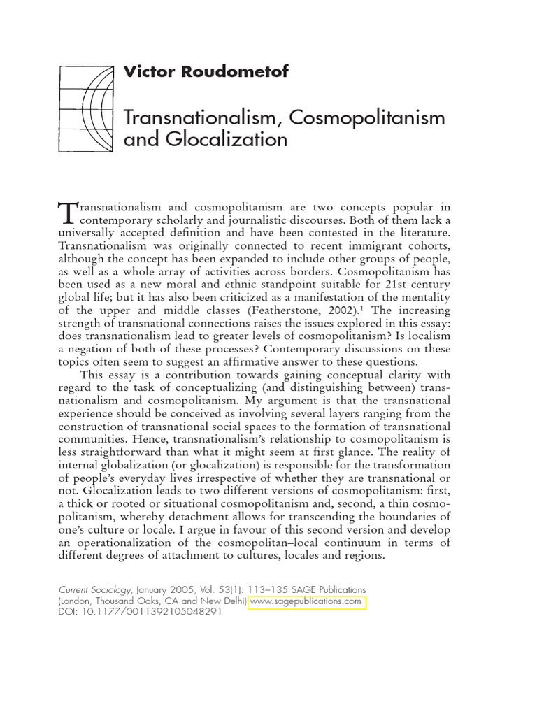 Roudometof 2005 Transnationalism Cosmopolitanism and Glocalization | PDF | Cosmopolitanism ...