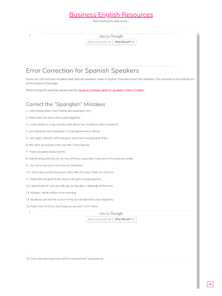 Error Correction For Spanish Speakers - Business English Resources | PDF