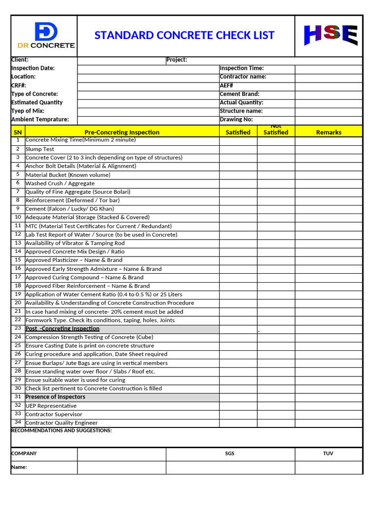 Standard Concrete Check List | PDF | Concrete | Secondary Sector Of The ...