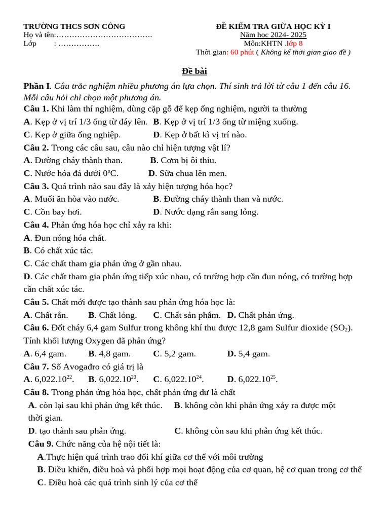 ĐỀ THI GK1 KHTN8 24-25 | PDF