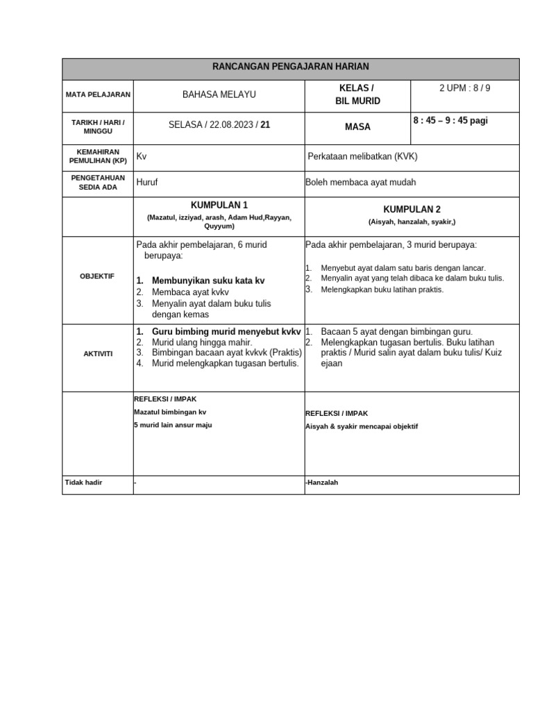 Contoh RPH Pemulihan | PDF