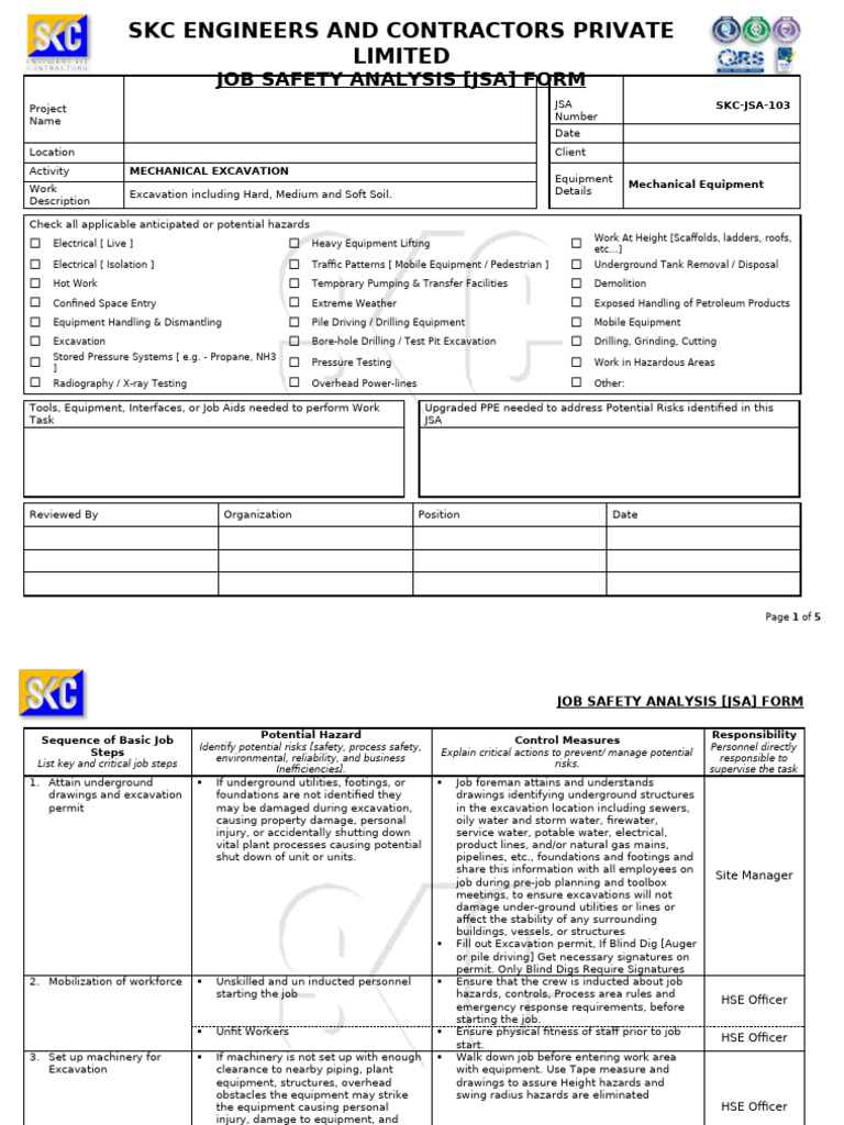 SKC-SOP-HS-JSA-0331 - Excavation | PDF | Occupational Safety And Health ...