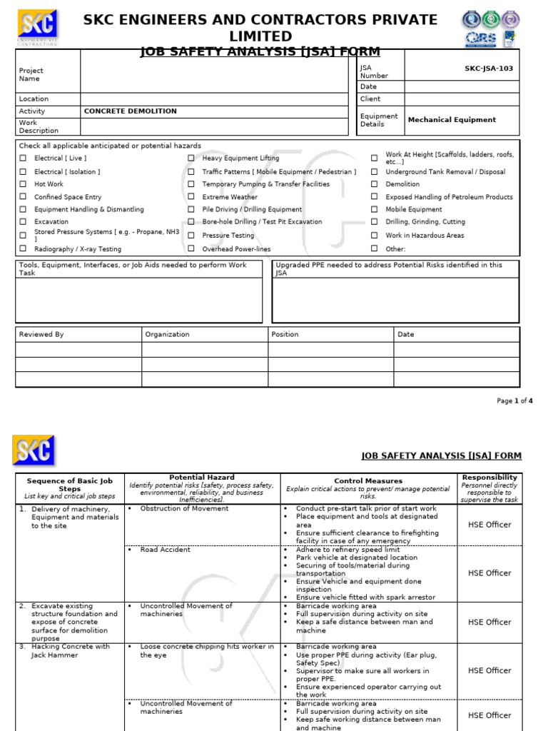 SKC-SOP-HS-JSA-0334 - Concrete Demolition | PDF | Safety
