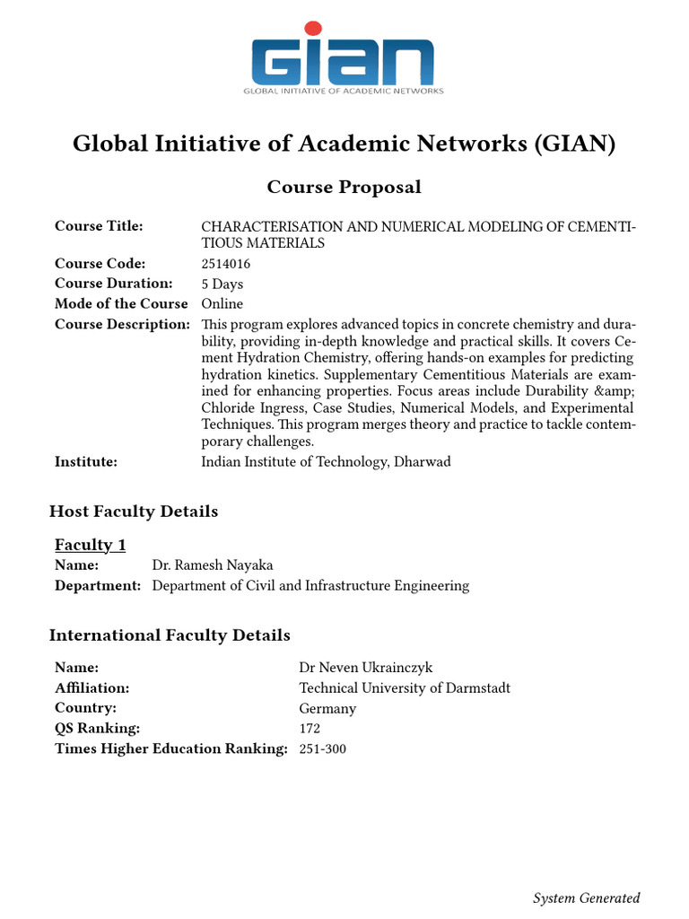 Global Initiative of Academic Networks (GIAN) : Course Proposal | PDF | Concrete | Cement