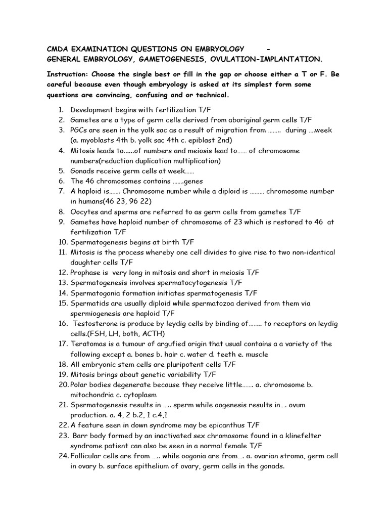 Cmda Examination Questions On General Embryology | PDF | Meiosis | Ovary