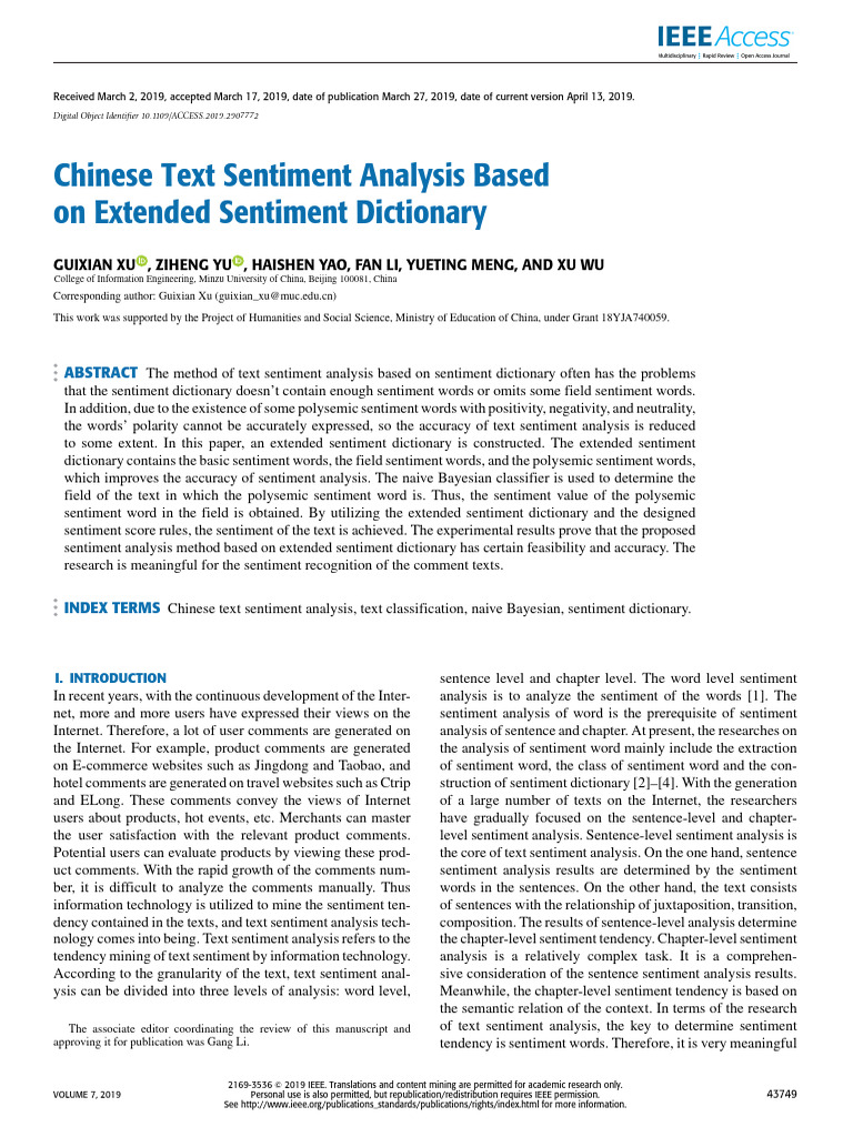 Chinese Text Sentiment Analysis Based On Extended Sentiment Dictionary | PDF | Statistical ...