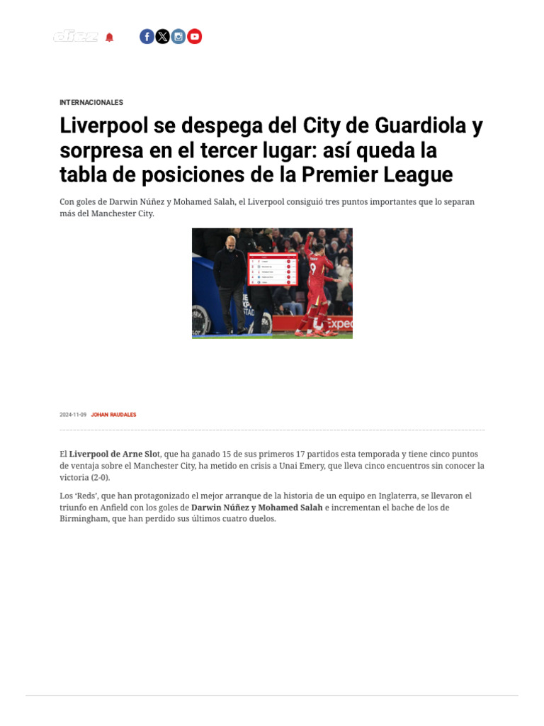 Liverpool Se Despega Del City de Guardiola y Sorpresa en El Tercer ...