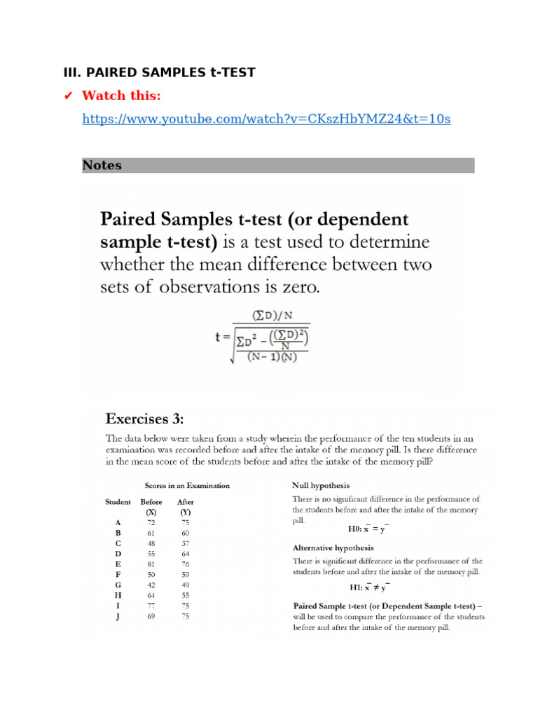 III. Paired Samples t Test | PDF