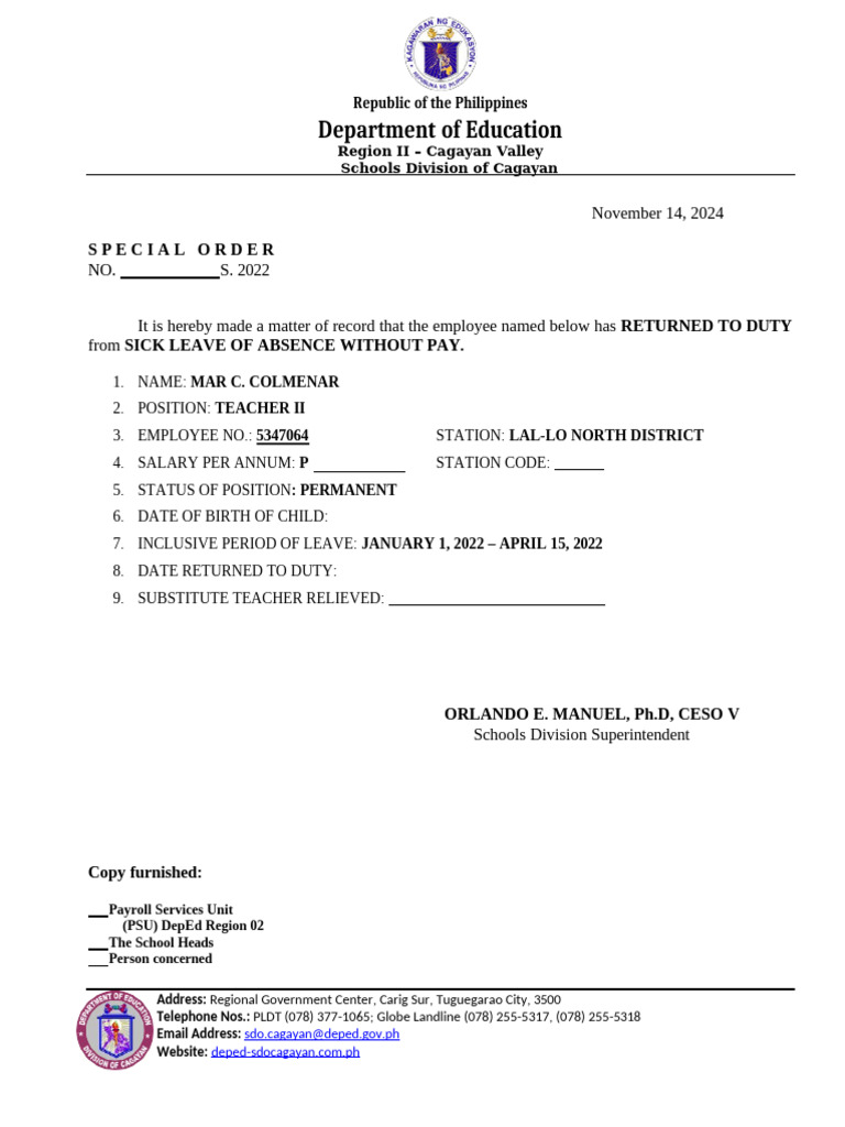 Special Order For REINSTATEMENT | PDF