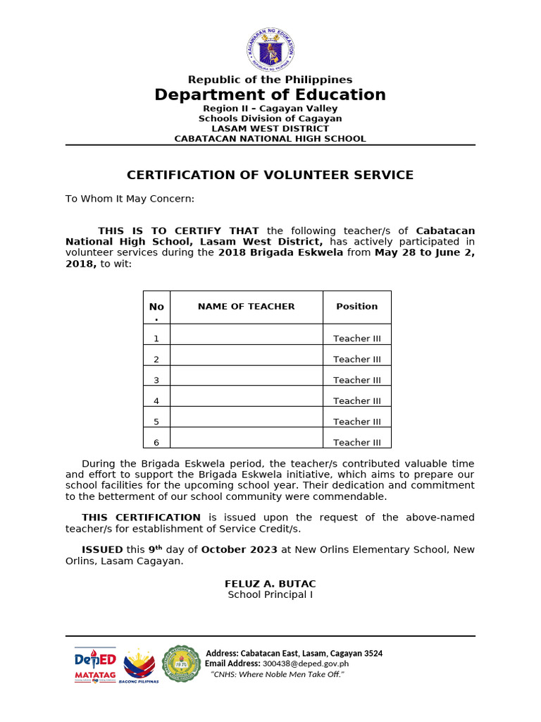 Certification of Volunteer Service 2018 | PDF