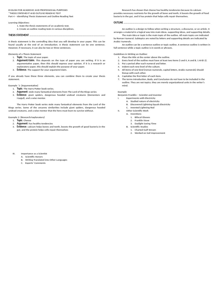 PART 4 - Thesis Statement and Outline Reading Text | PDF | Thesis