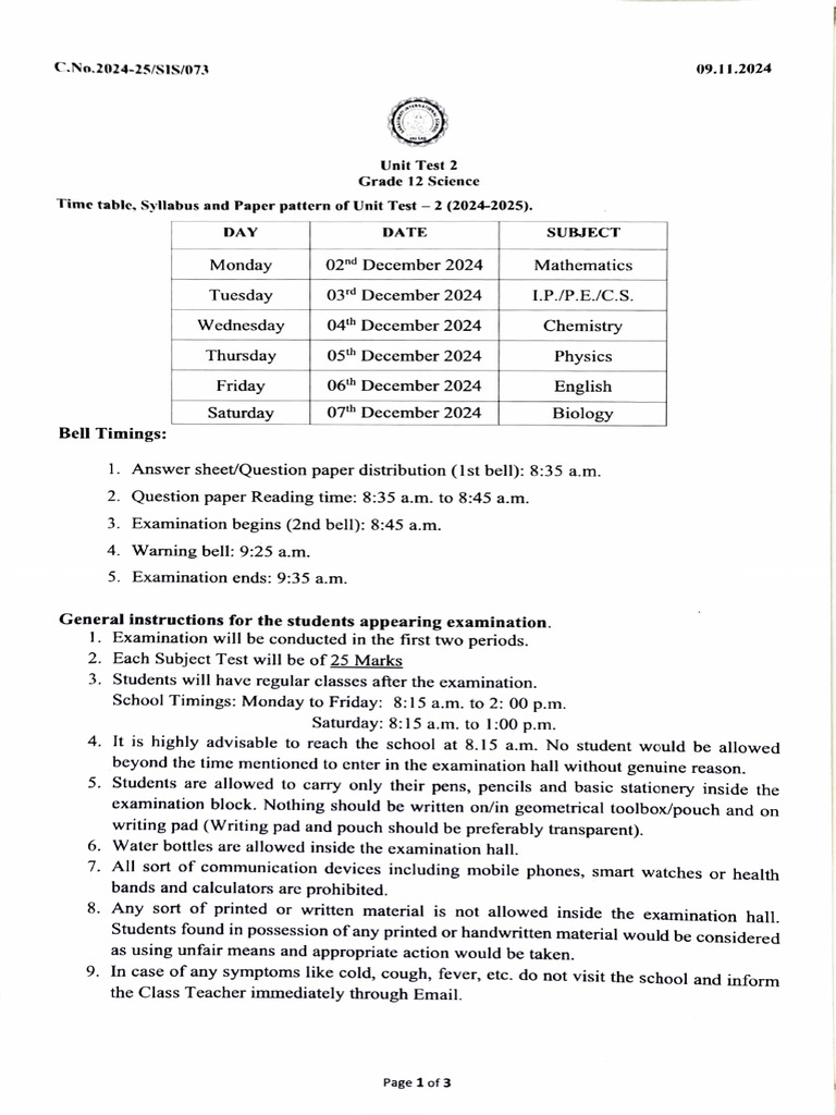 Grade 12 Science Unit Test 2 Date Sheet | PDF | Sql | Optics