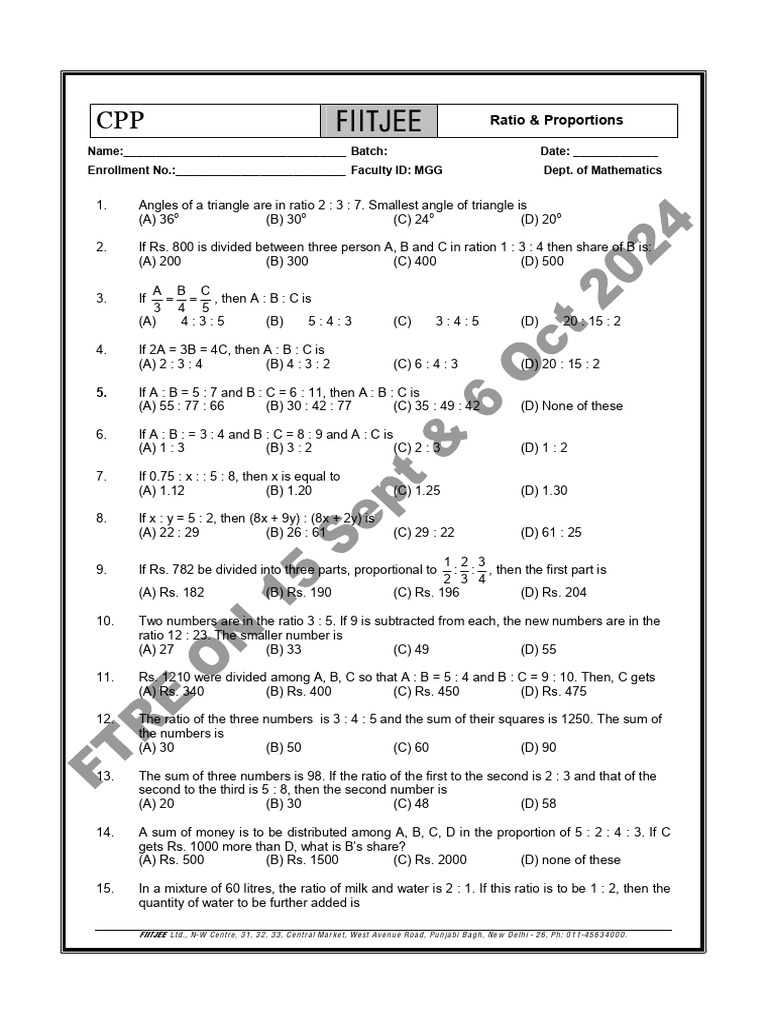 Ratio & Proportion Practice Questions | PDF | Ratio | Elementary ...