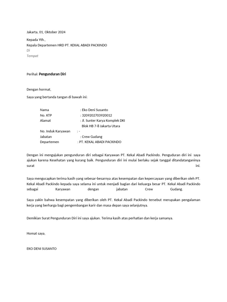 Surat Pengunduran Diri (Eko Deni Susanto) | PDF