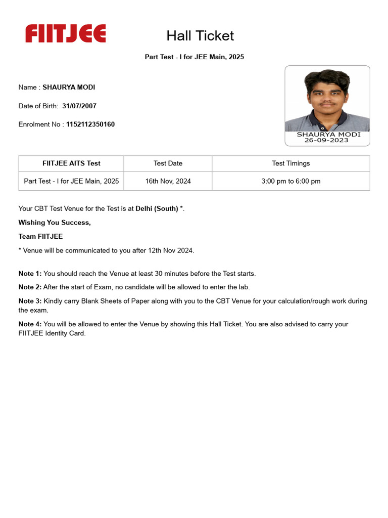 FIITJEE AITS 2025 Hall Ticket | PDF